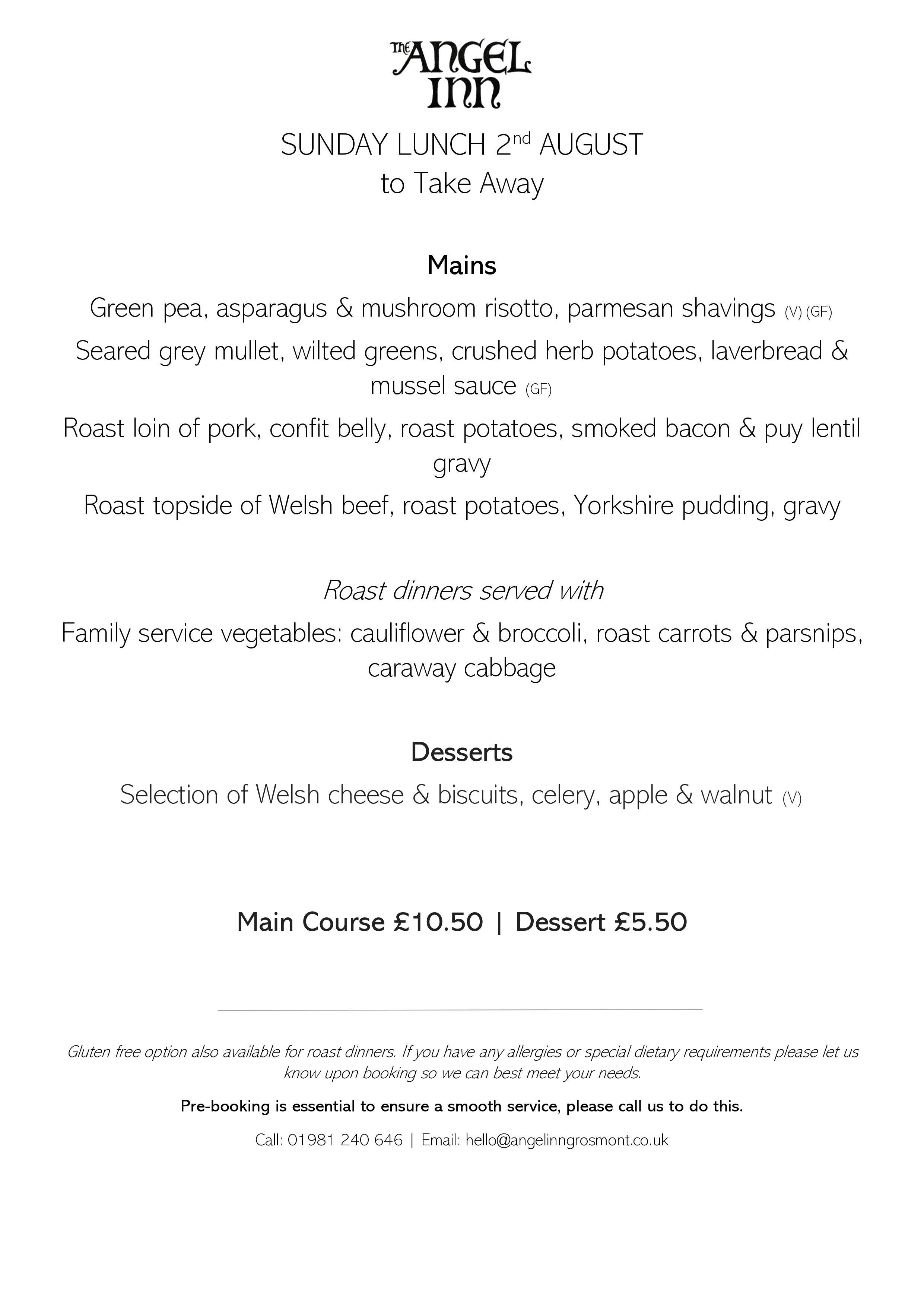 Takeaway Sunday Lunch Menu 2nd August The Angel Inn At Grosmont Takeaway Sunday Lunch Menu 2nd August The Angel Inn At Grosmont
